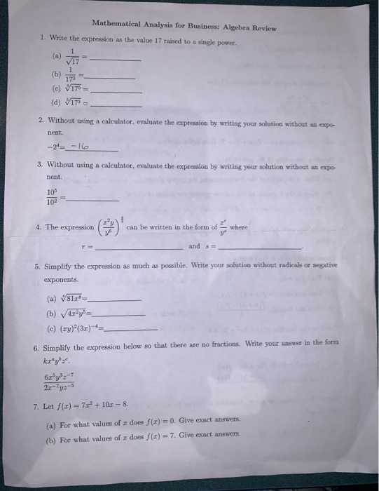Solved Mathematical Analysis for Business: Algebra Review | Chegg.com
