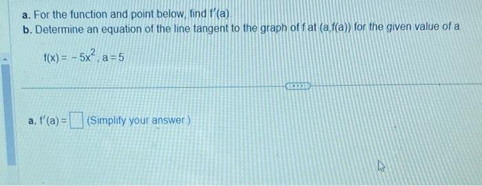 Solved a. For the function and point below, find f′(a). b. | Chegg.com