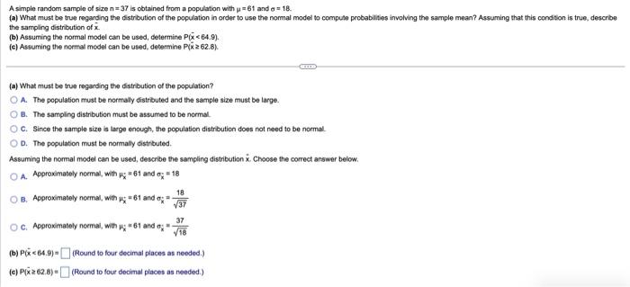 Solved simple random sample of size n = 37 is obtained from | Chegg.com
