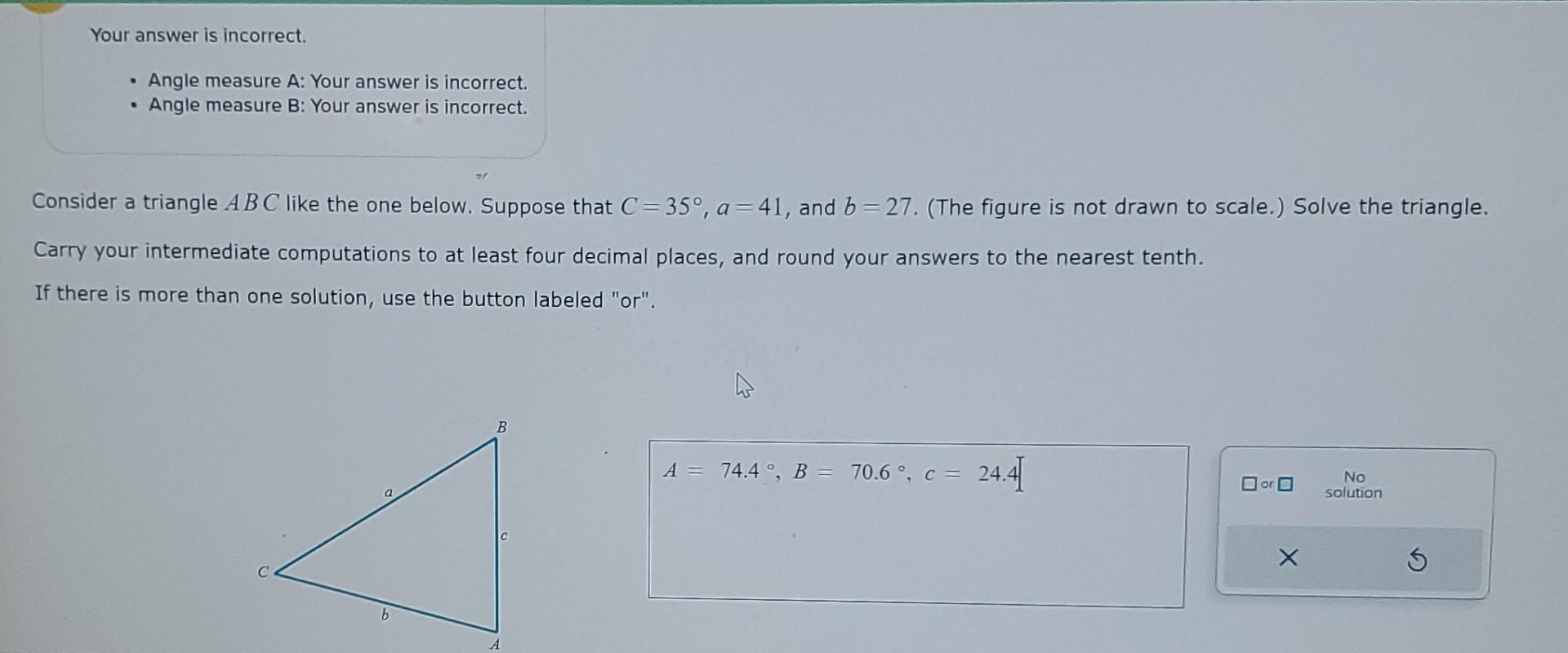 Solved Your answer is incorrect. - Angle measure A: Your | Chegg.com