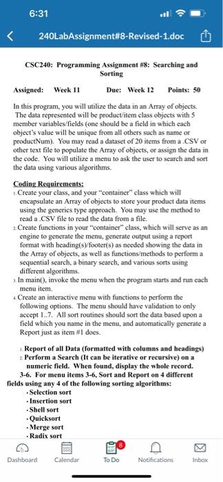 Solved CSC240: Programming Assignment #8 : Searching and | Chegg.com