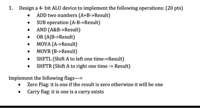 Solved 1. Design a 4- bit ALU device to implement the | Chegg.com
