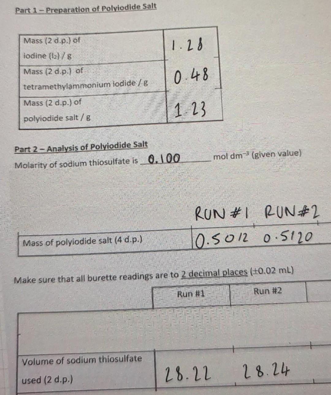 Part 1 - Preparation of Polyiodide Salt Mass (2 d.p.) | Chegg.com