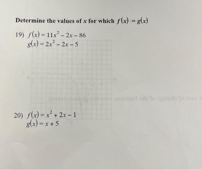 Determine the values of x for which f(x)=g(x) | Chegg.com