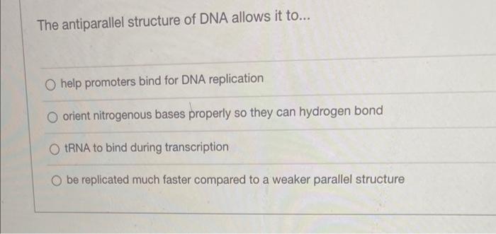 Solved The antiparallel structure of DNA allows it to... | Chegg.com