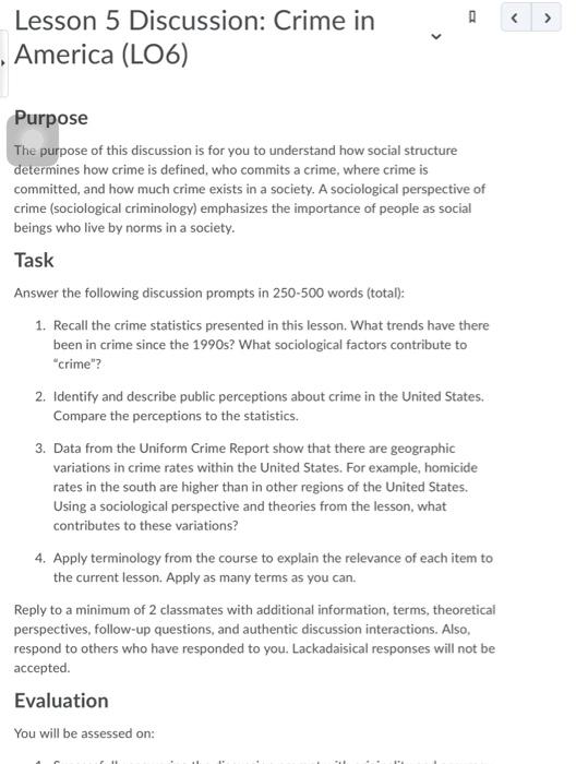 Solved A Lesson 5 Discussion: Crime in America (L06) Purpose | Chegg.com