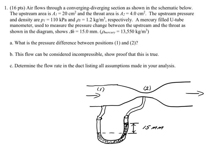 Solved 1. (16 pts) Air flows through a converging-diverging | Chegg.com