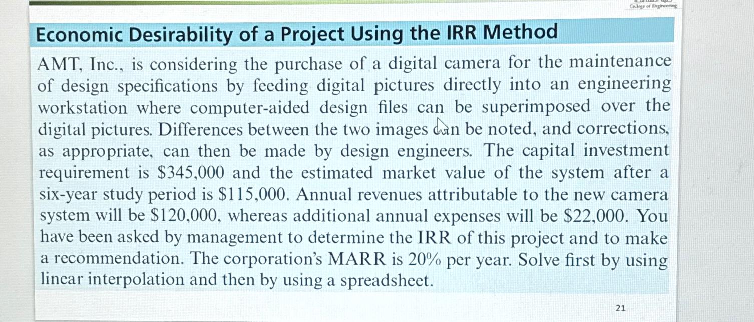 Solved Economic Desirability of a Project Using the IRR | Chegg.com