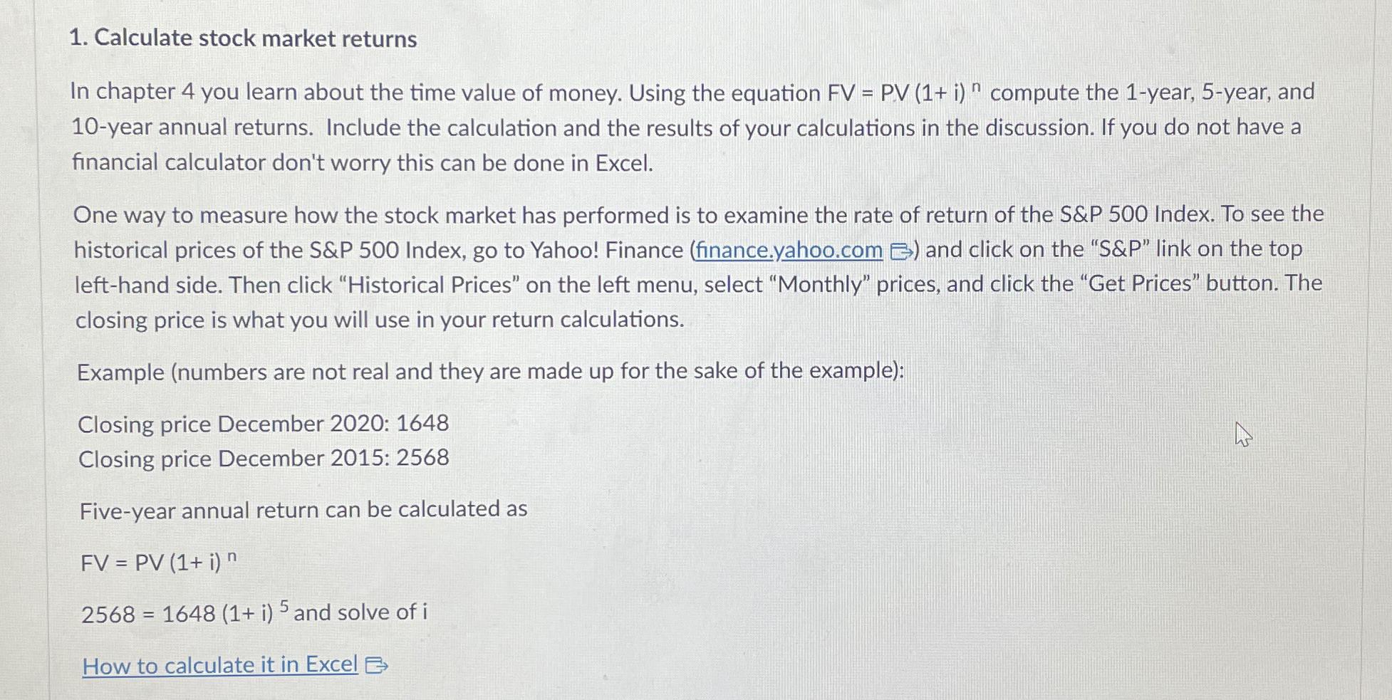 Solved Calculate stock market returnsIn chapter 4 ﻿you learn | Chegg.com