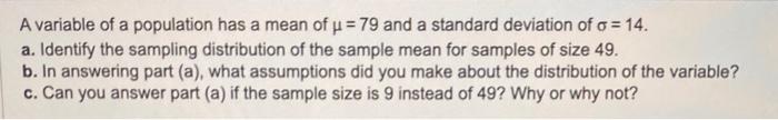 Solved A Variable Of A Population Has A Mean Of μ 79 And A