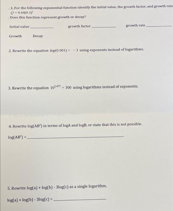 Solved 1. For the following exponential function identify | Chegg.com