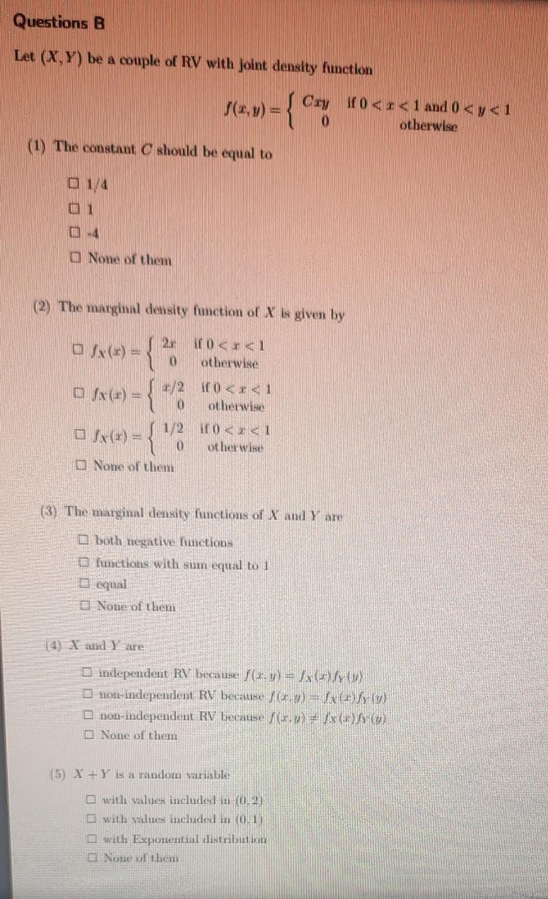 Solved Let (X,Y) be a couple of RV with joint density | Chegg.com