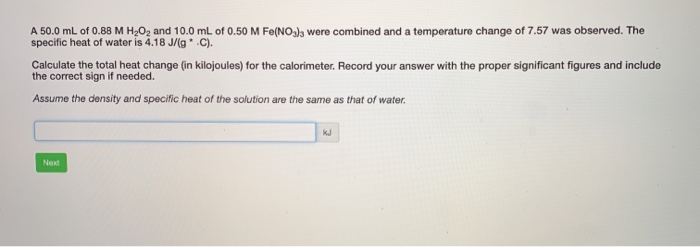 Solved A 50.0 mL of 0.88 M H2O2 and 10.0 mL of 0.50 M | Chegg.com
