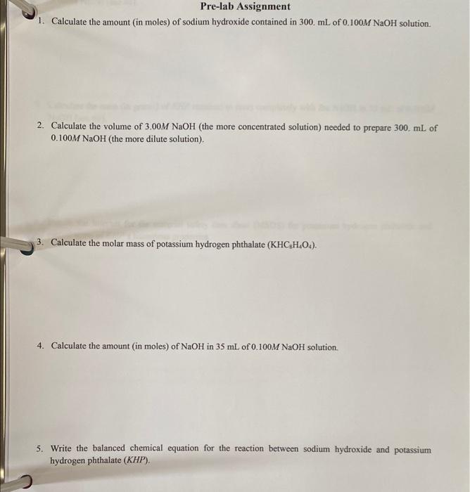Solved Pre-lab Assignment 1. Calculate the amount (in moles) | Chegg.com
