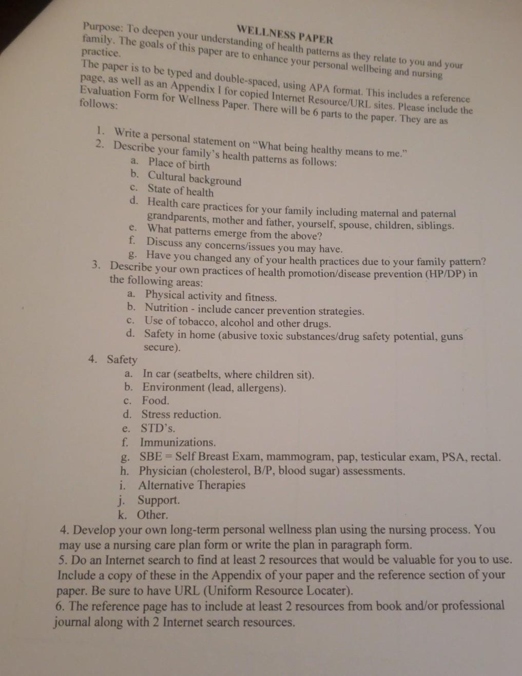 WELLNESS PAPER Purpose: To deepen your understanding | Chegg.com