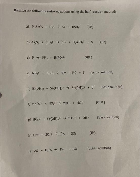 Solved Balance the following redox equations using the | Chegg.com