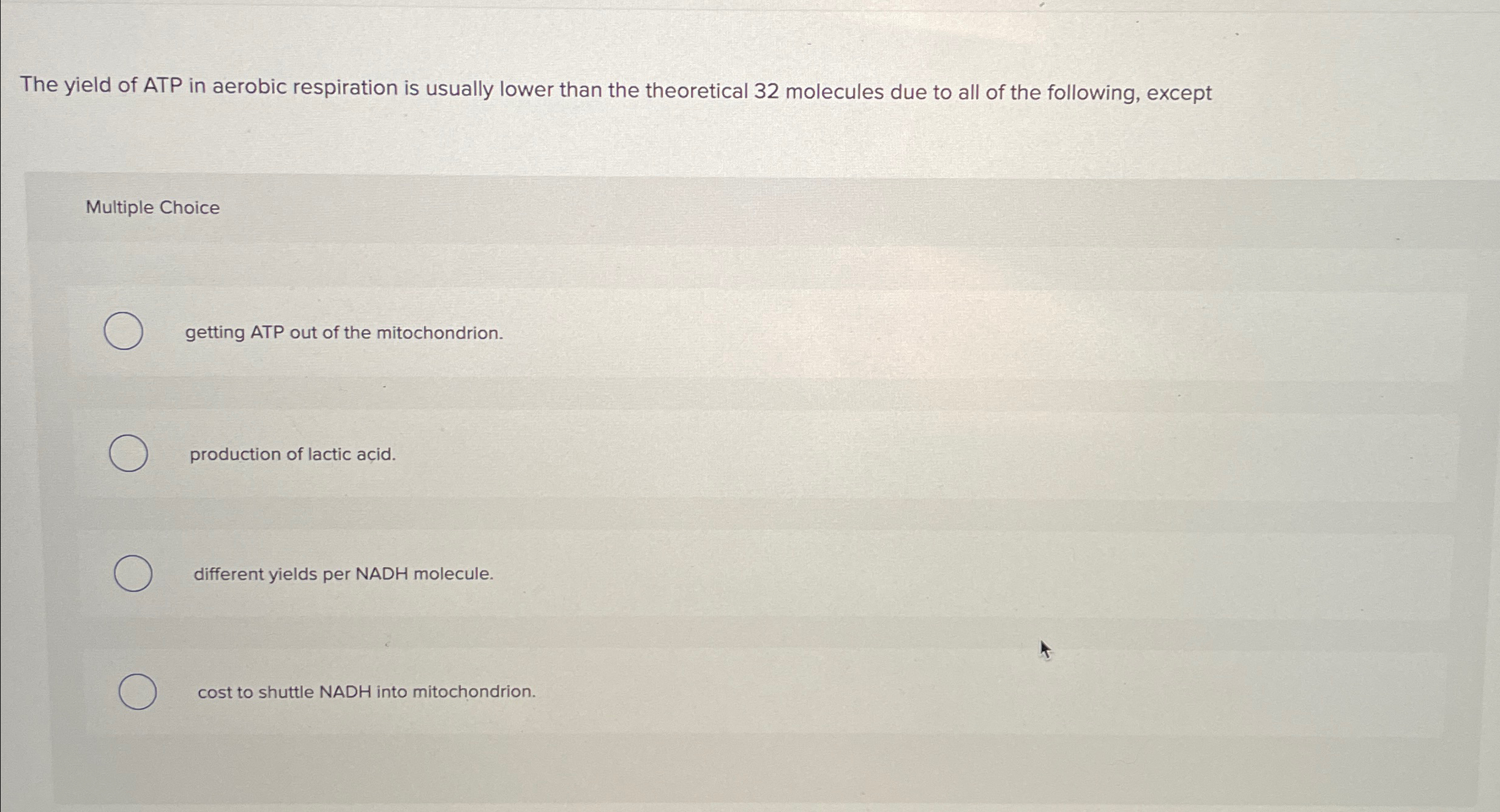 Solved The yield of ATP in aerobic respiration is usually | Chegg.com