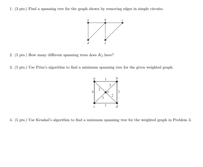 Solved 1. ( 3 ﻿pts.) ﻿Find a spanning tree for the graph | Chegg.com