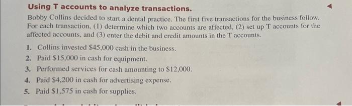 Solved Using \\( T \\) accounts to analyze transactions. | Chegg.com