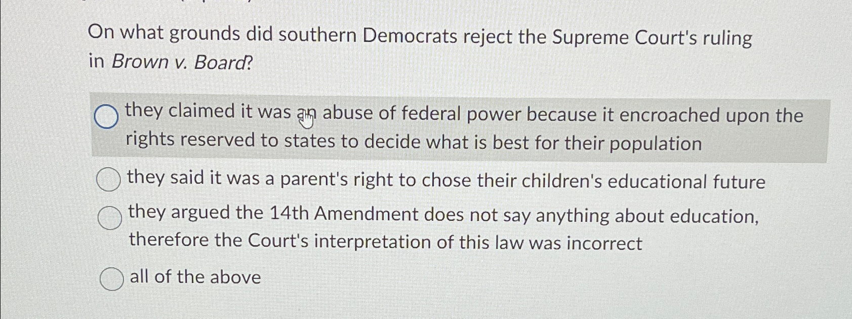 Solved On what grounds did southern Democrats reject the | Chegg.com