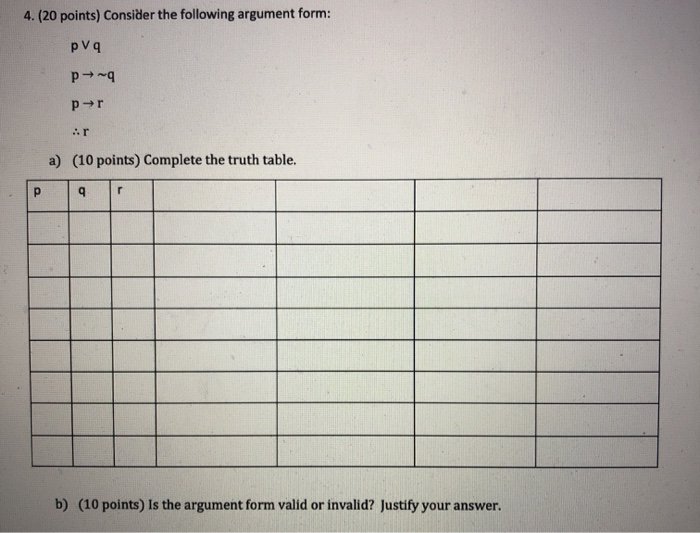 Solved 4. (20 points) Consider the following argument form: | Chegg.com