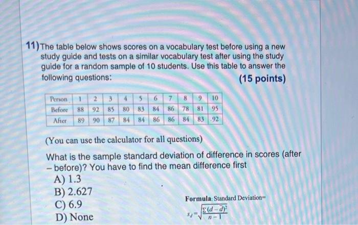 Solved 11) The table below shows scores on a vocabulary test | Chegg.com