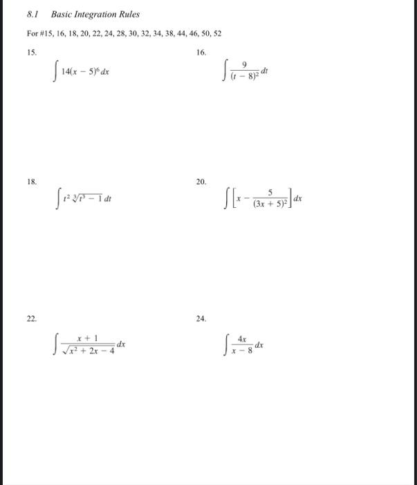 Solved 8 I Basic Integration Rules For 15 16 18 20 22