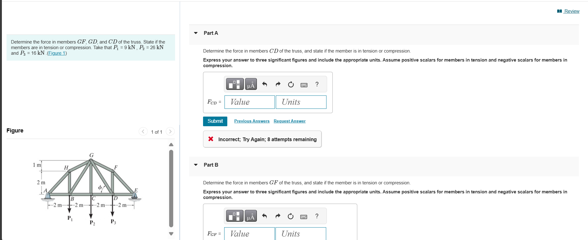 Solved Determine the force in ﻿members GF,GD, ﻿and CD of | Chegg.com