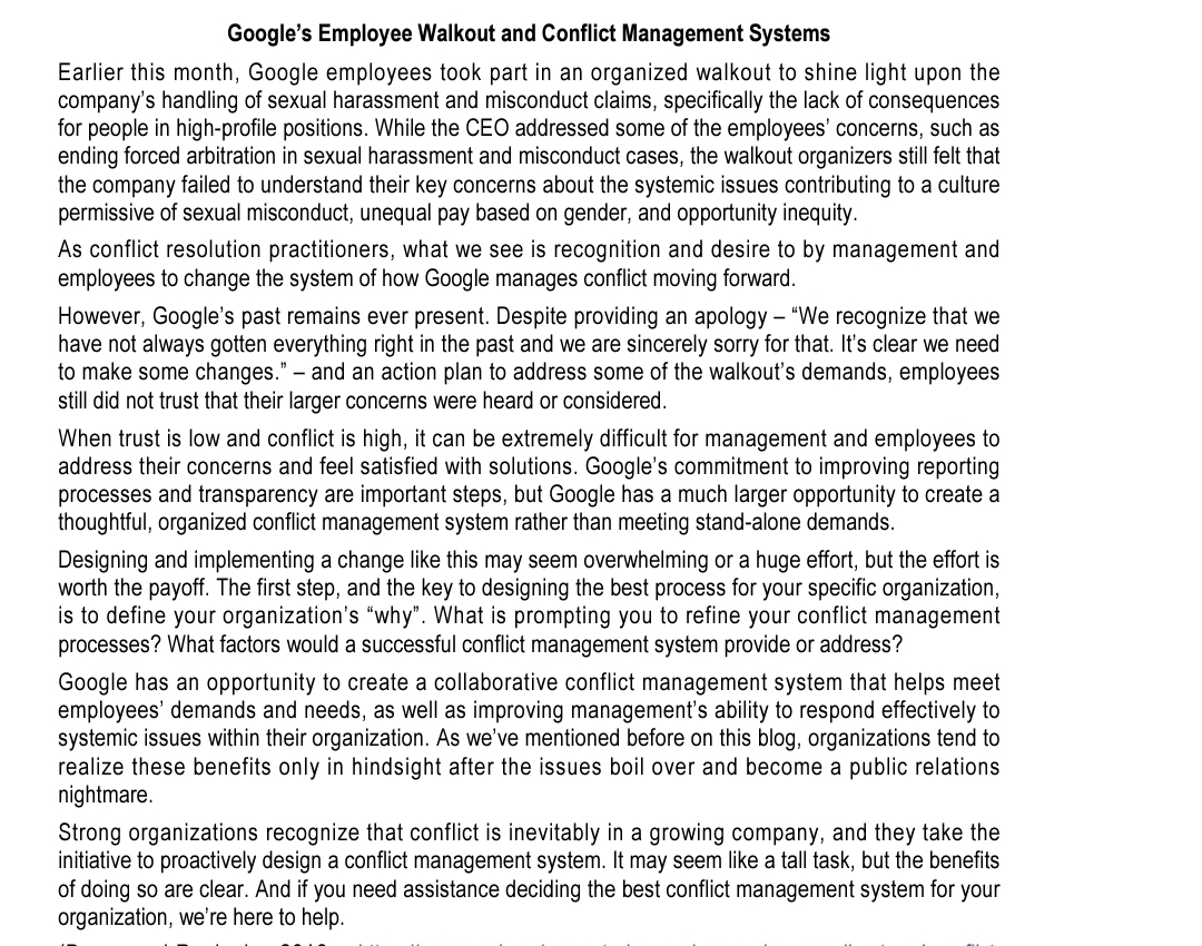 Solved Google's Employee Walkout and Conflict Management | Chegg.com