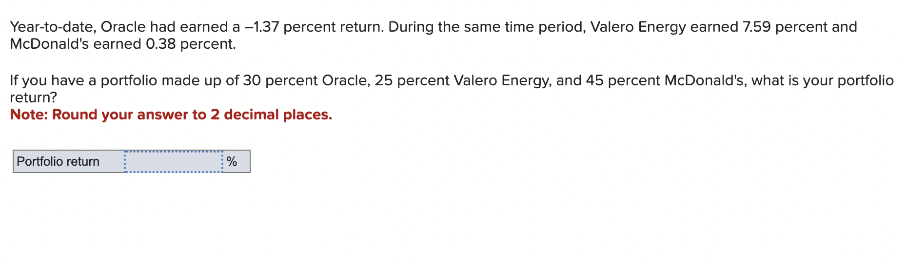 Solved Year-to-date, Oracle had earned a -1.37 ﻿percent | Chegg.com