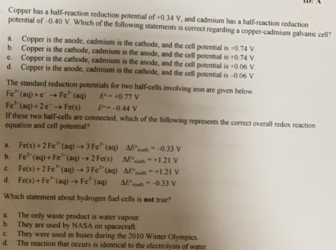 Solved Copper has a half-reaction reduction potential of | Chegg.com