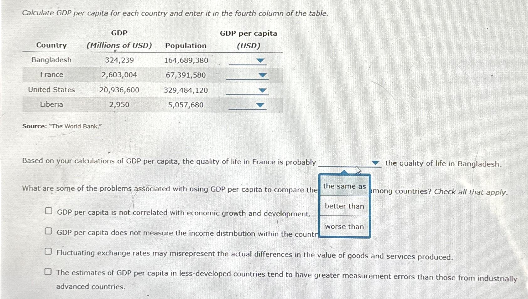 Solved Calculate GDP per capita for each country and enter | Chegg.com