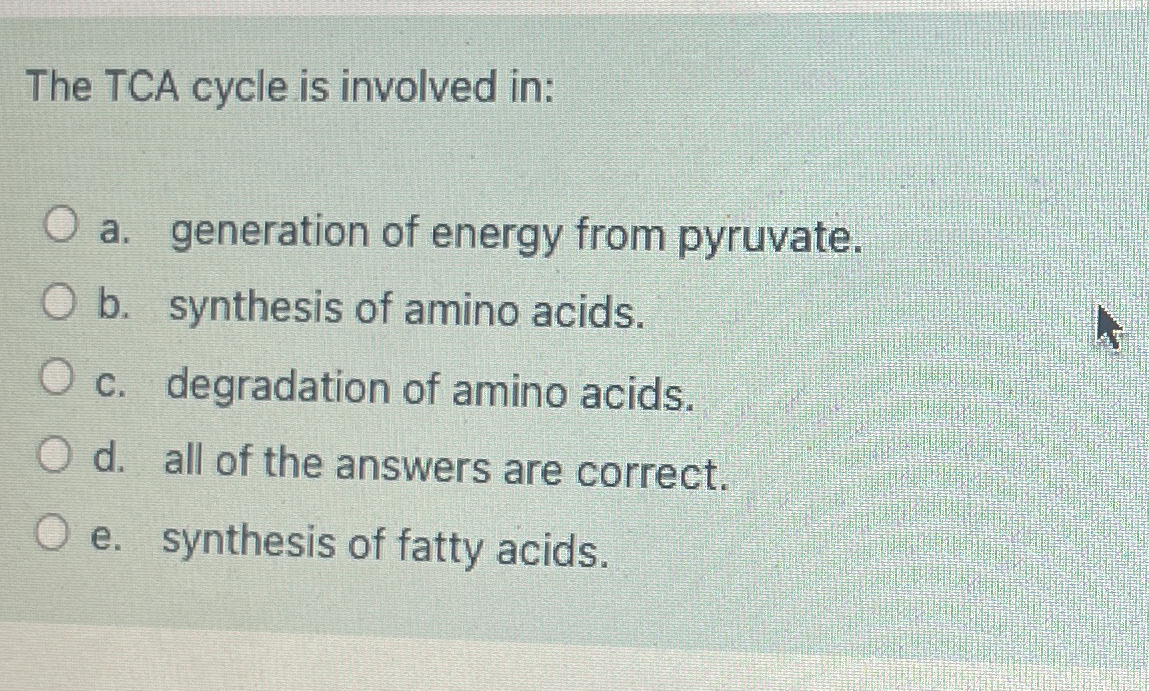 Solved The TCA cycle is involved in:a. ﻿generation of energy | Chegg.com