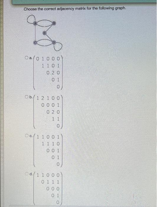 Solved Choose the correct adjacency matrix for the following | Chegg.com