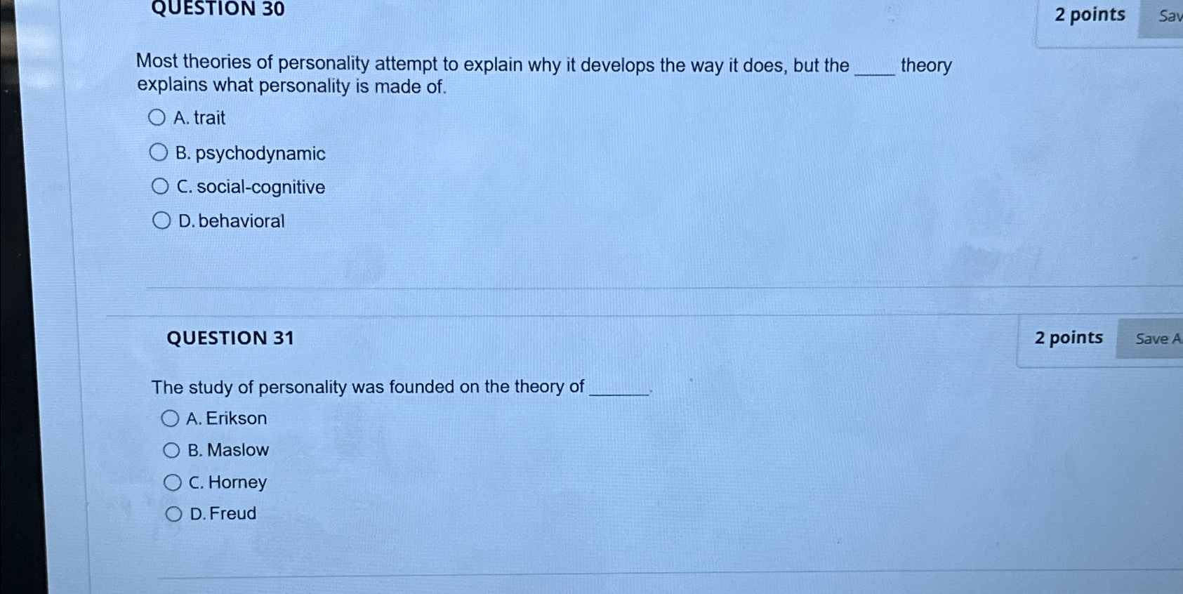 Solved QUESTION 302 ﻿pointsMost theories of personality | Chegg.com