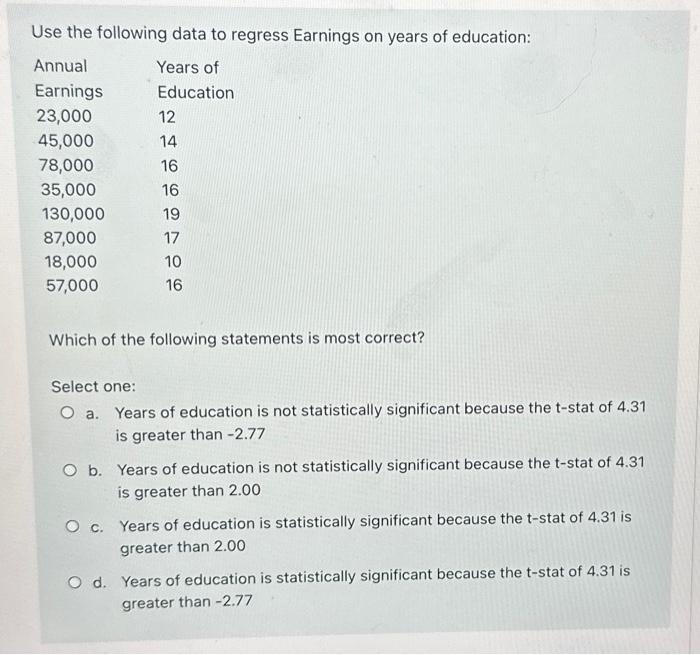 Solved Use the following data to regress Earnings on years | Chegg.com