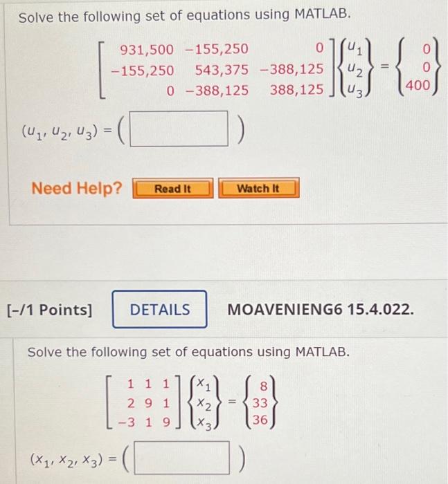 Solved Solve the following set of equations using MATLAB. | Chegg.com