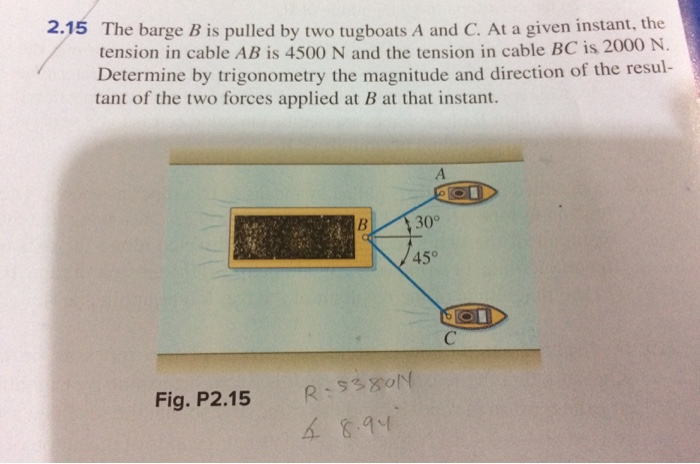 Solved 2.15 The barge B is pulled by two tugboats A and C. | Chegg.com Solved 2.15 The barge B is pulled by two tugboats A and C. | Chegg.com