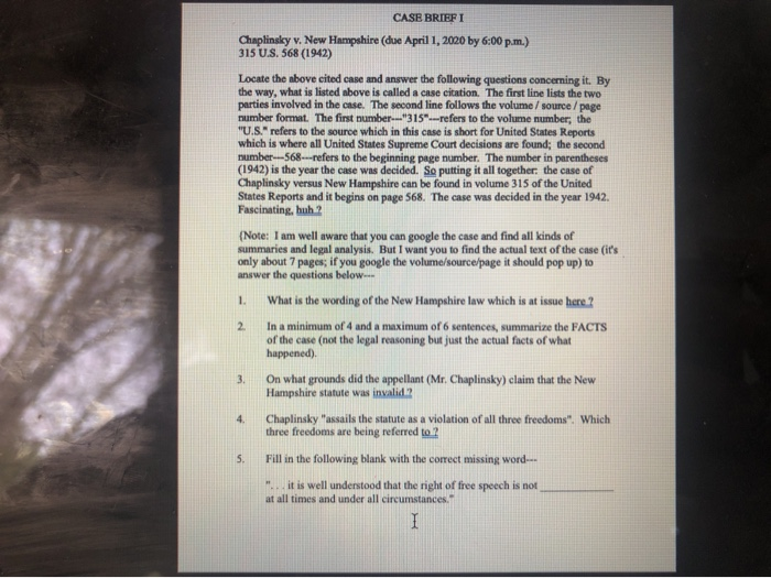 Solved CASE BRIEFI Chaplinsky v. New Hampshire (due April 1, | Chegg.com