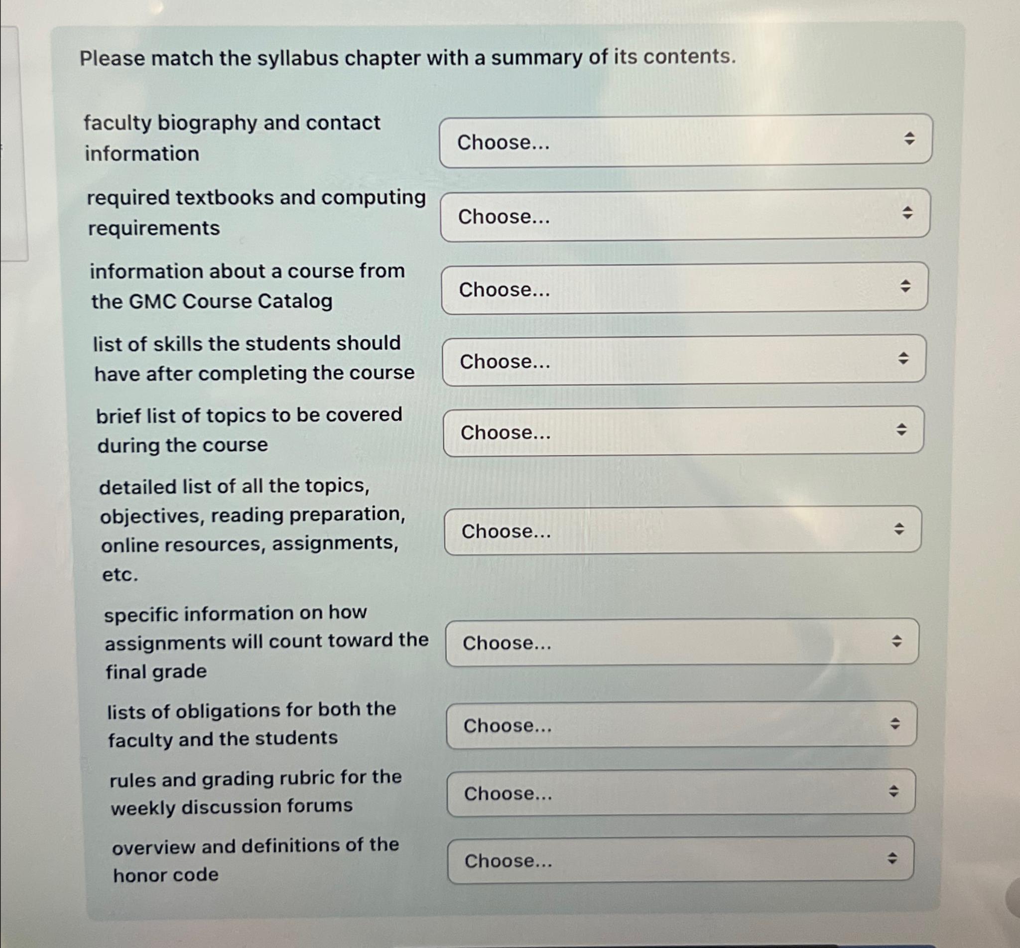 Solved Please Match The Syllabus Chapter With A Summary Of Chegg