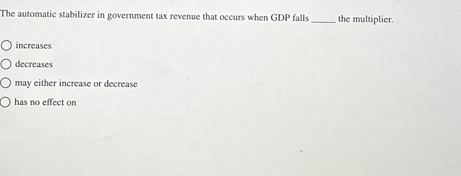 Solved The automatic stabilizer in government tax revenue | Chegg.com