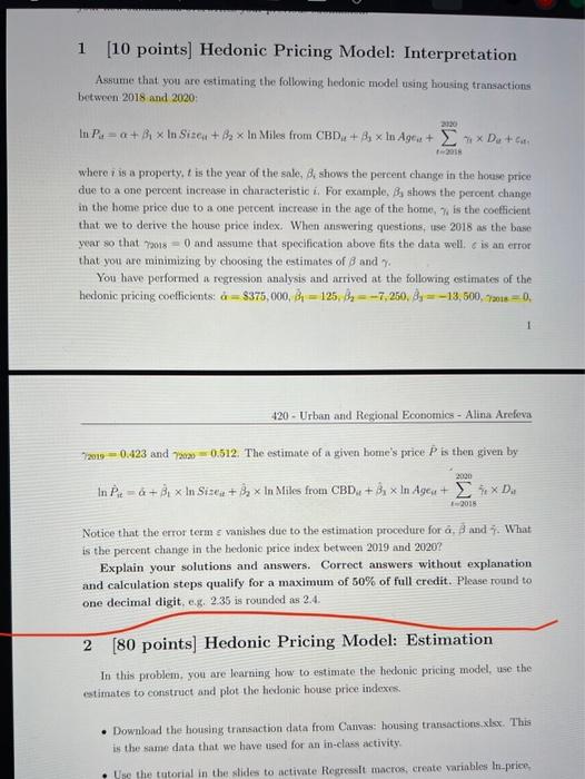 Solved 1 [10 points] Hedonic Pricing Model: Interpretation | Chegg.com