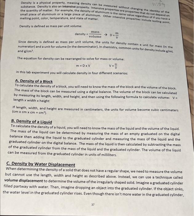 LAB 5: DENSITY "For each measurement, remember to | Chegg.com