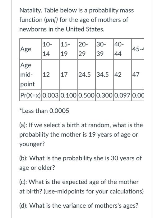 Solved Natality. Table below is a probability mass function | Chegg.com