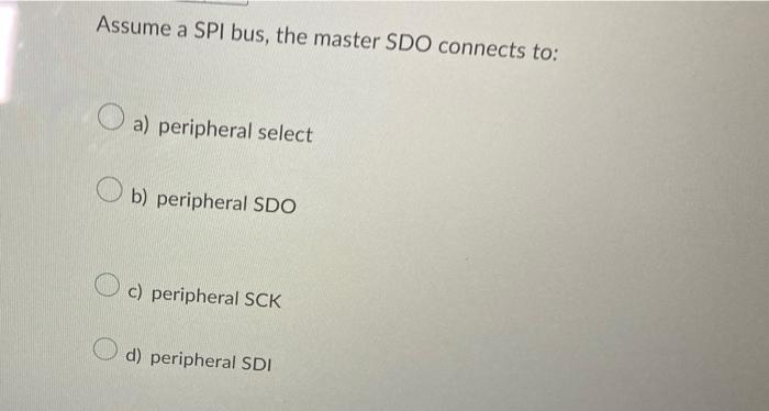 Solved Assume a SPI bus, the master SDO connects to: a) | Chegg.com