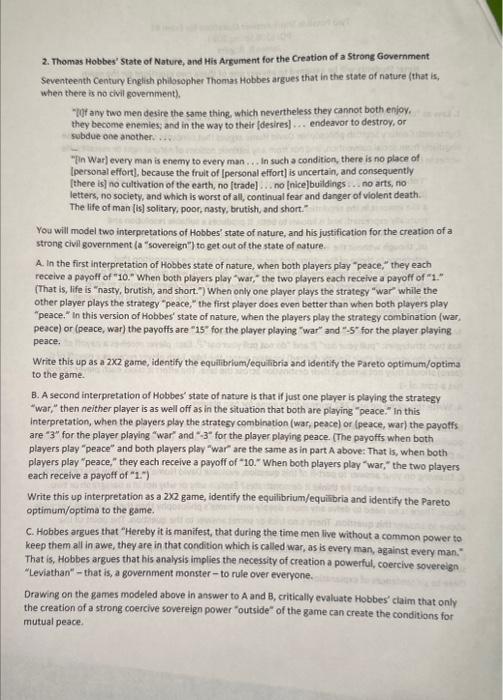 Solved 2. Thomas Hobbes' State of Nature, and His Argument | Chegg.com