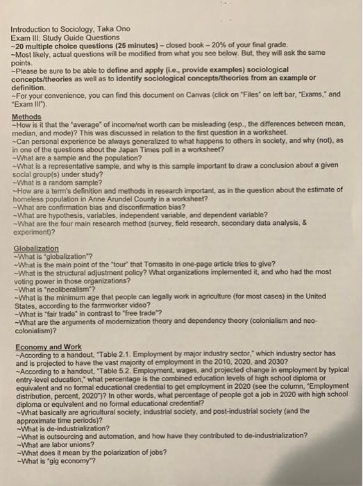 Introduction to Sociology. Taka Ono Exam III: Study | Chegg.com
