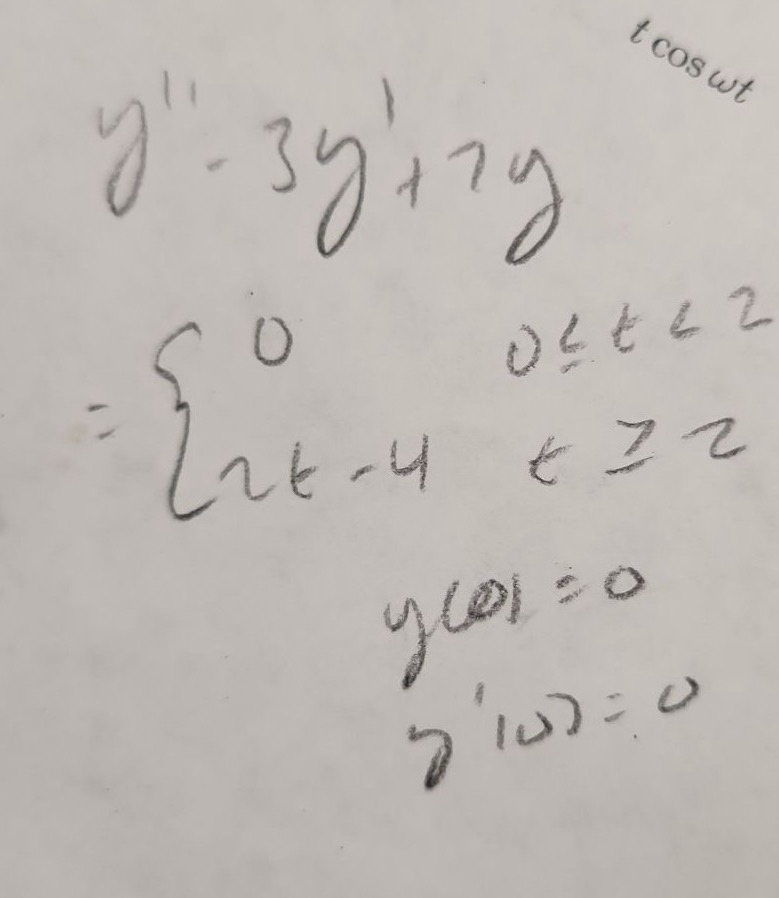 Solved y''-3y'+7y={0,0≤t