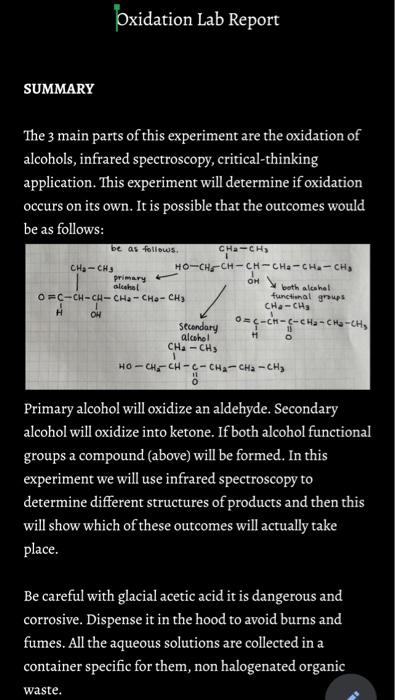 Solved Oxidation Lab Report SUMMARY The 3 main parts of this | Chegg.com