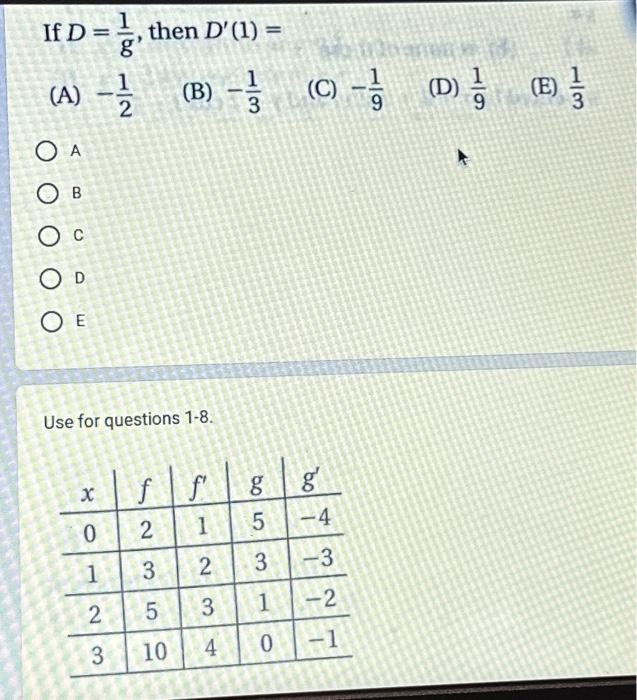 Solved If D=g1, then D′(1)= (A) −21 (B) −31 (C) −91 (D) 91 | Chegg.com